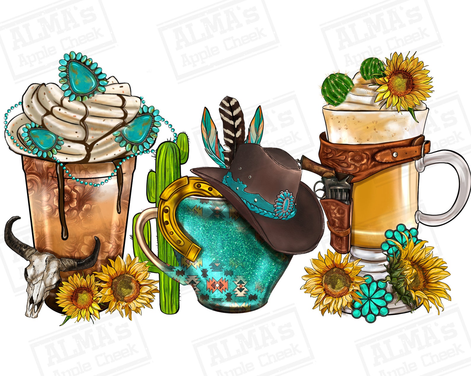 Western Coffee Cups With Sunflower and Gemstone Png - Etsy