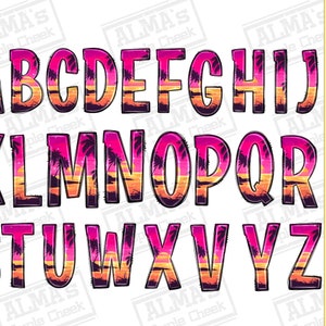 Sunset Beach Alphabet Thumbnail Png Files Bundle, Sunset Doodle Letters ...