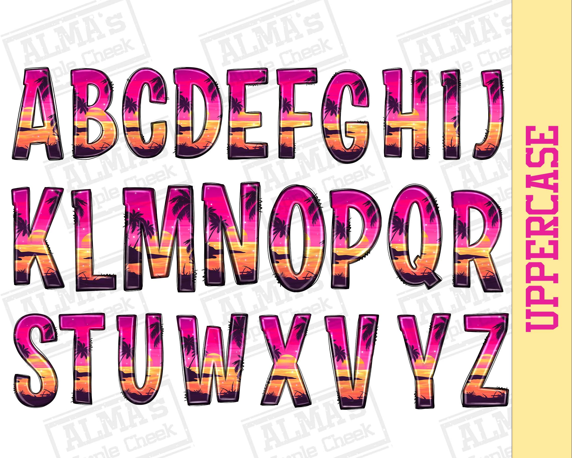 Sunset Beach Alphabet Thumbnail Png Files Bundle, Sunset Doodle Letters ...