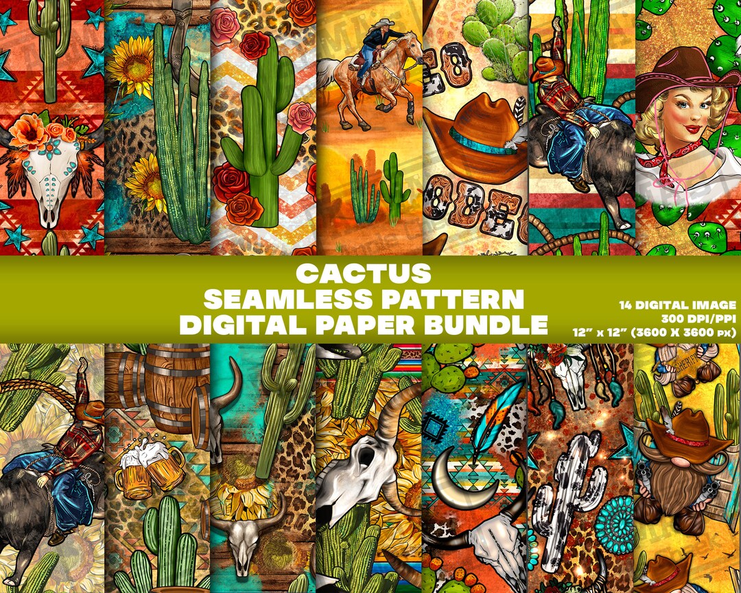 14 Digital Paper, Cactus Seamless Pattern Digital Paper Bundle Png ...