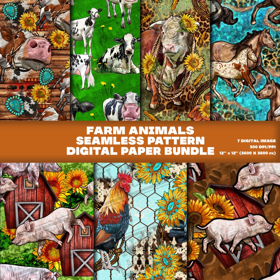 Farm Animals Seamless Pattern Bundle, 7 Farm Animals Seamless Pattern ...