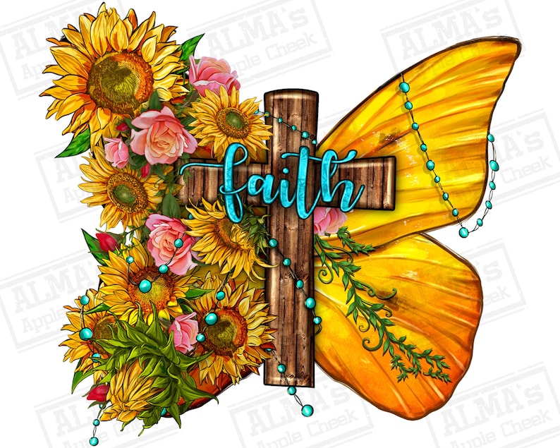Faith Butterfly With Sunflower and Cross Png Sublimation - Etsy