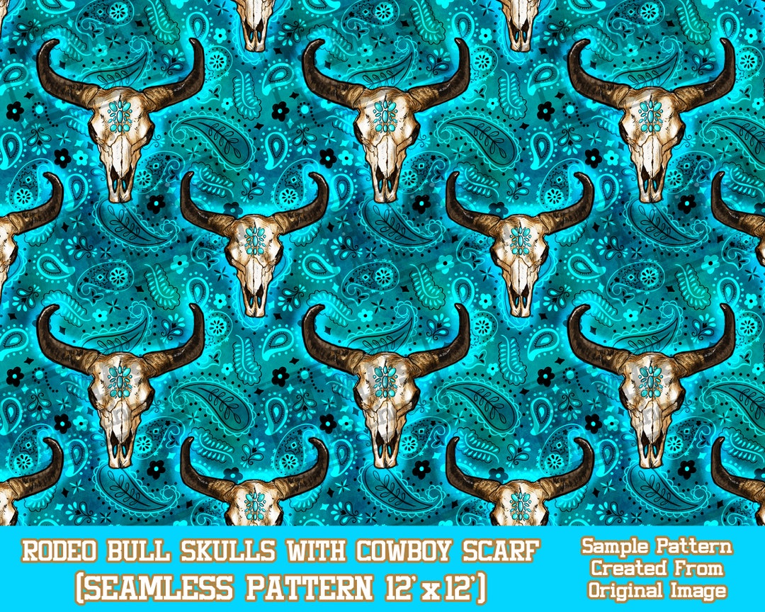 Rodeo Bull Skulls With Scarf Seamless Pattern Digital Paper, Digital ...