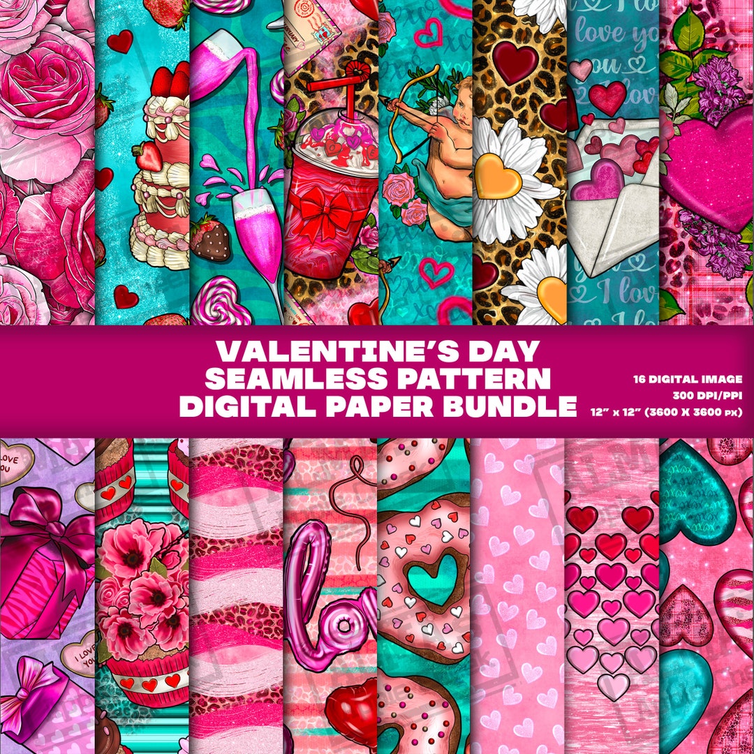 16 Digital Paper, Valentine's Day Seamless Pattern Digital Paper Bundle ...