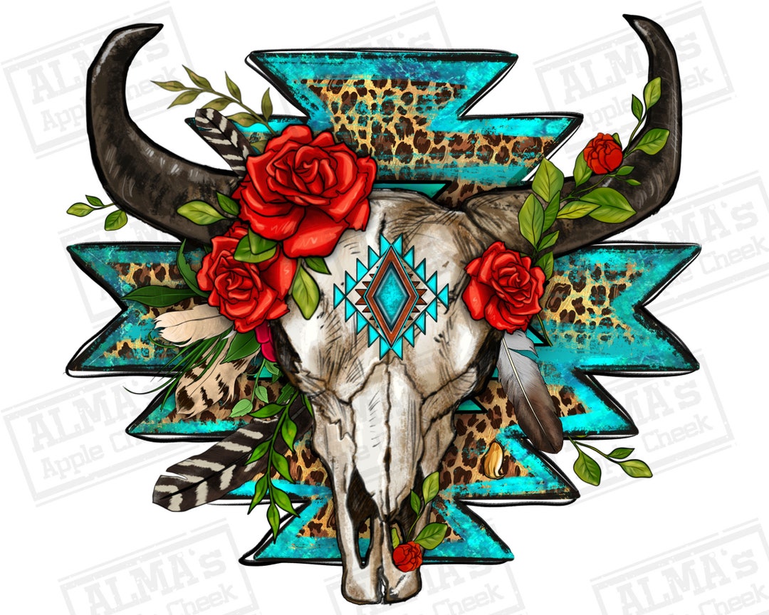 Roses With Aztec Bull Skull Png Sublimation Design Download - Etsy
