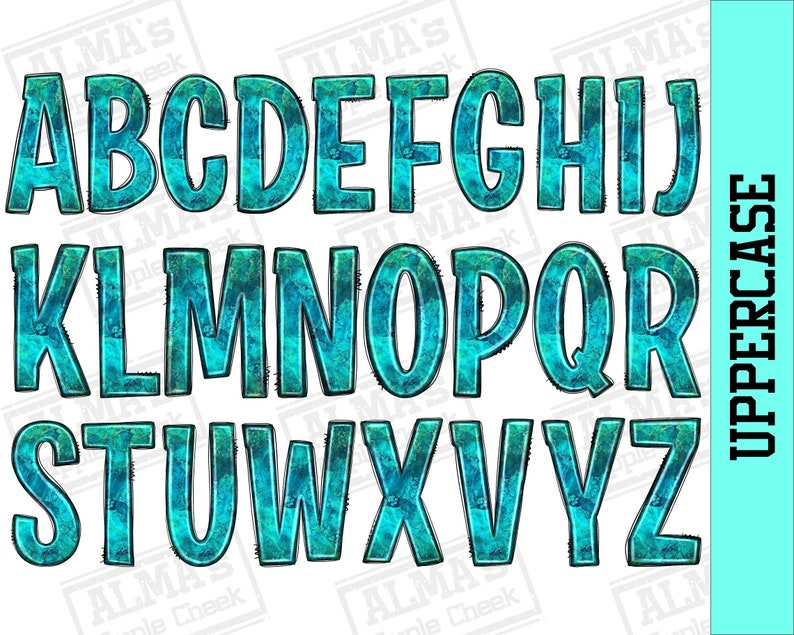 Turquoise Alphabet Thumbnail Png Files Bundle, Turquoise Doodle Letters ...