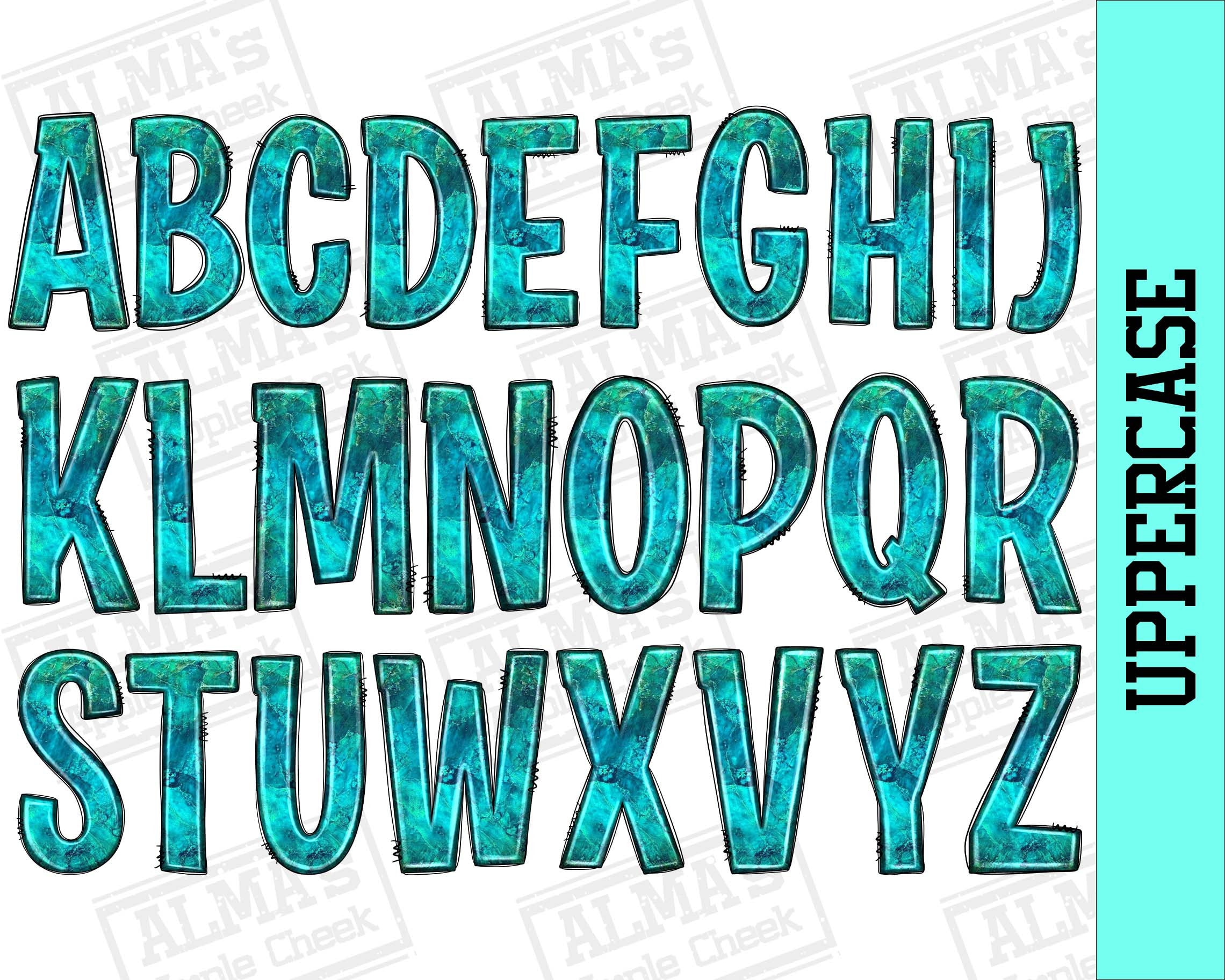 Turquoise Alphabet Thumbnail Png Files Bundle, Turquoise Doodle Letters ...