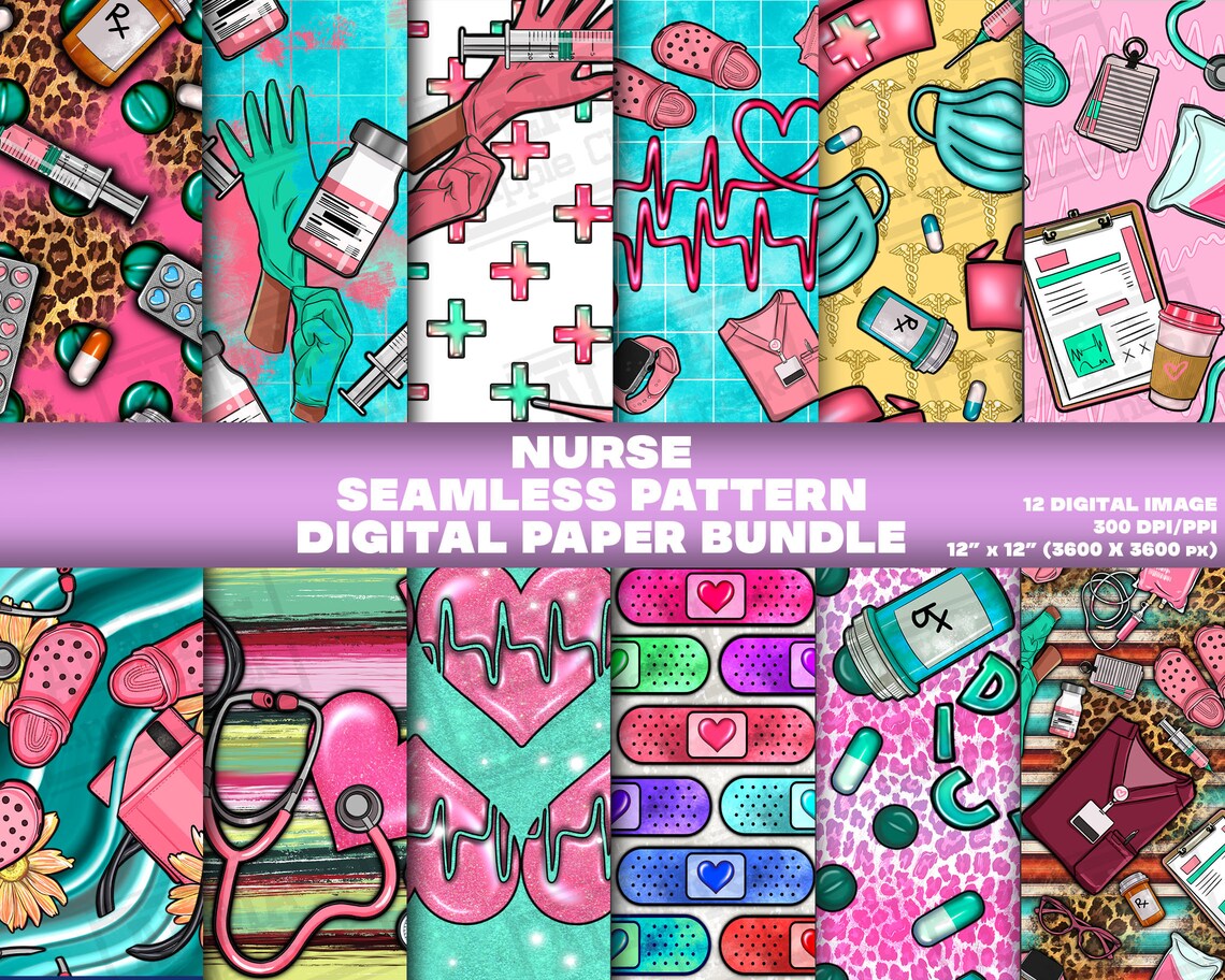 12 Digital Paper, Nurse Seamless Pattern Digital Paper Bundle Png ...