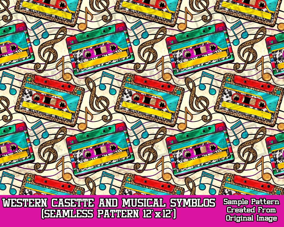 Western Casette and Musical Symbols Seamless Pattern Digital Paper ...