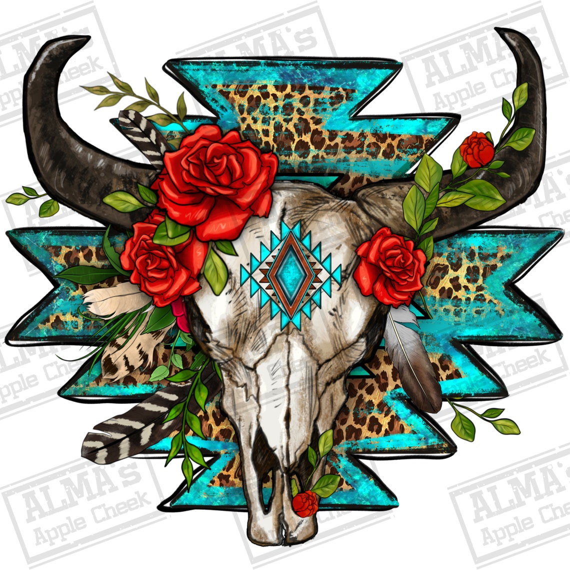 Roses With Aztec Bull Skull Png Sublimation Design Download, Bull Skull ...