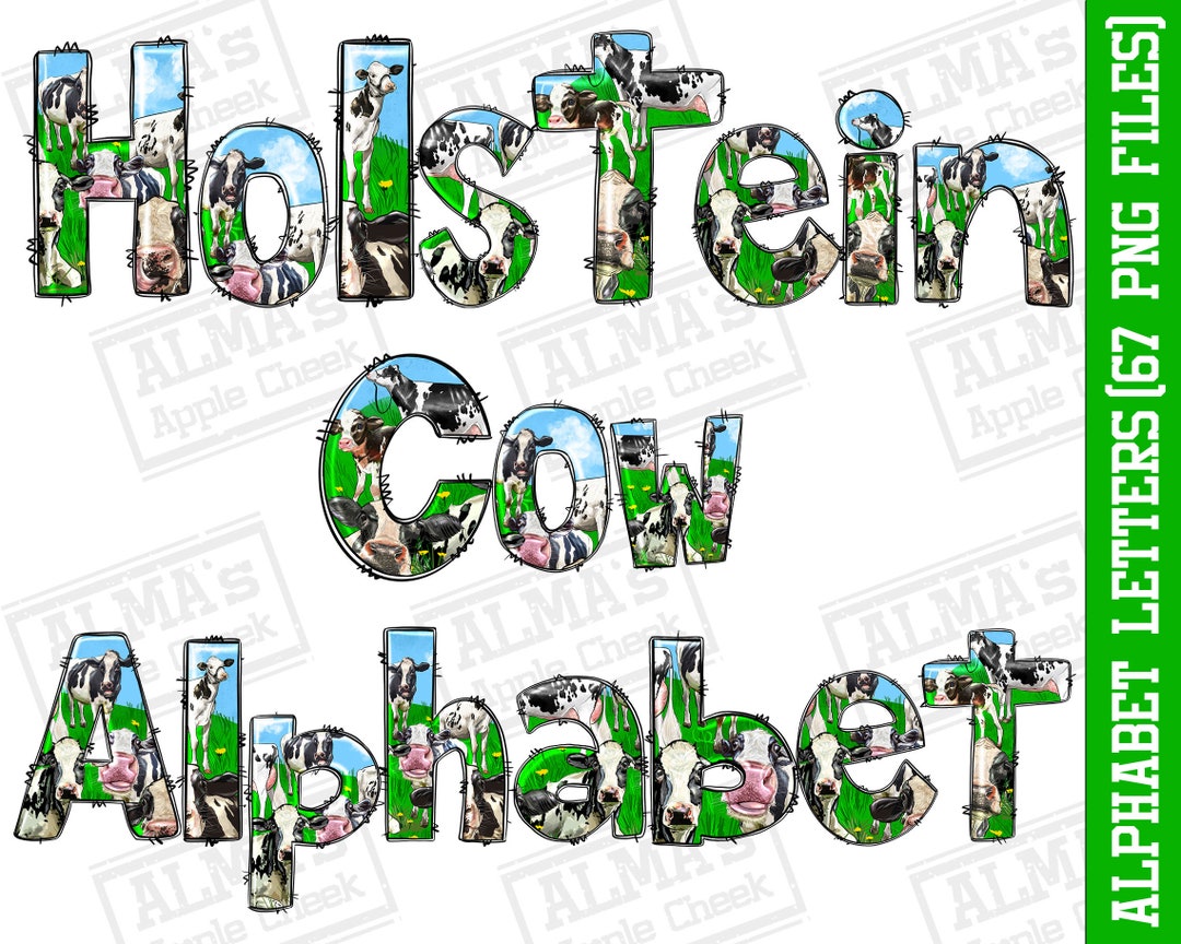 Holstein Cow Alphabet Thumbnail Png Files Bundle, Cow Doodle Letters ...