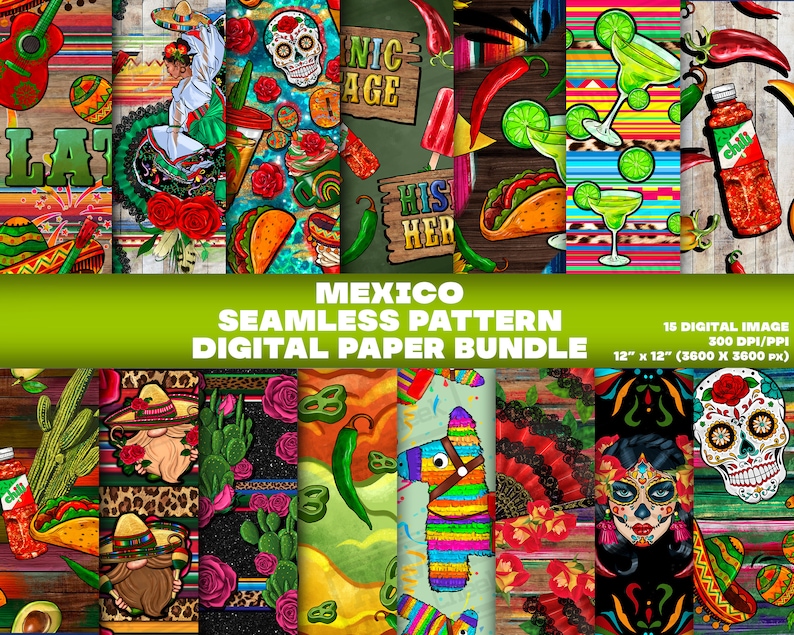15 Digital Paper, Mexico Seamless Pattern Digital Paper Bundle Png ...