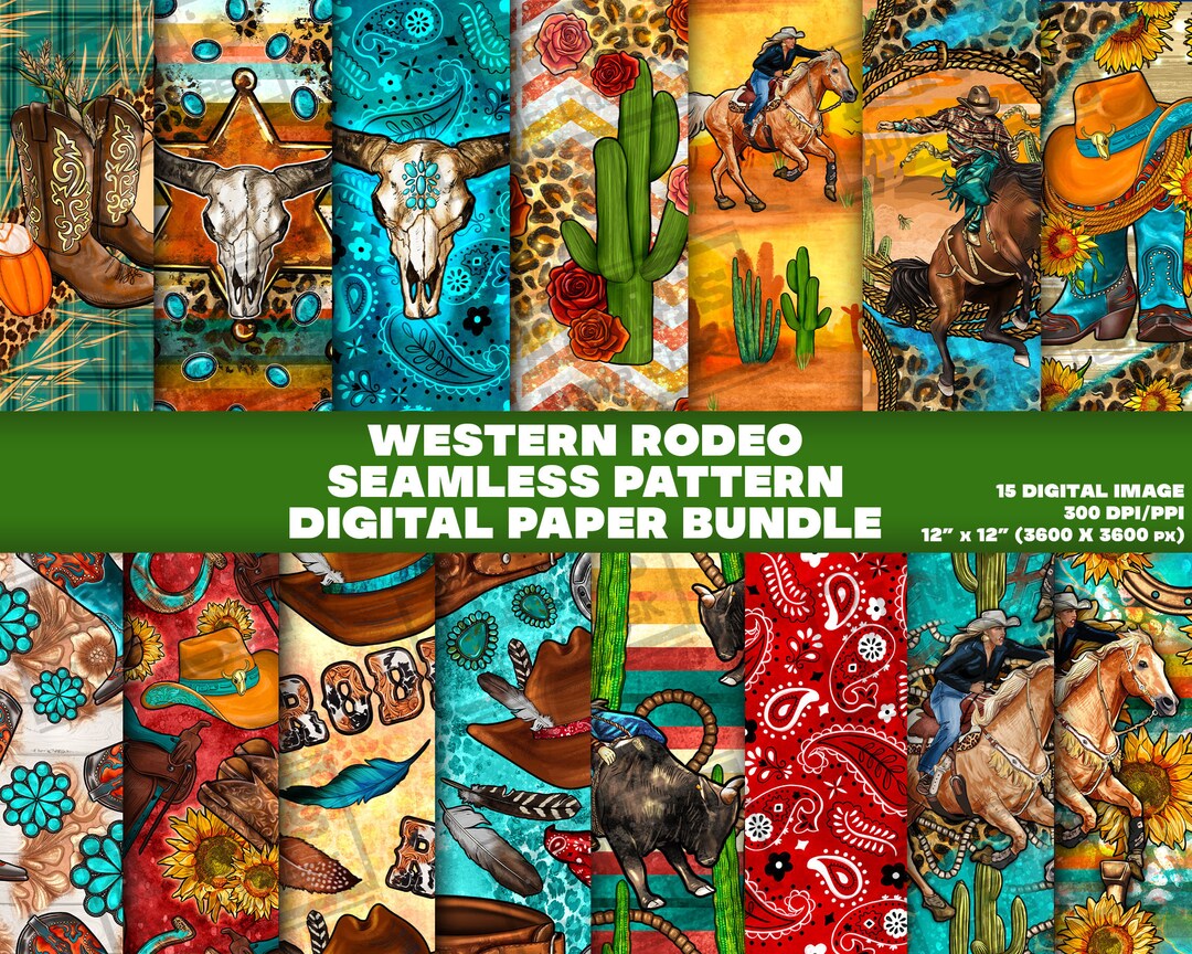 15 Digital Paper, Western Rodeo Seamless Pattern Digital Paper Bundle ...