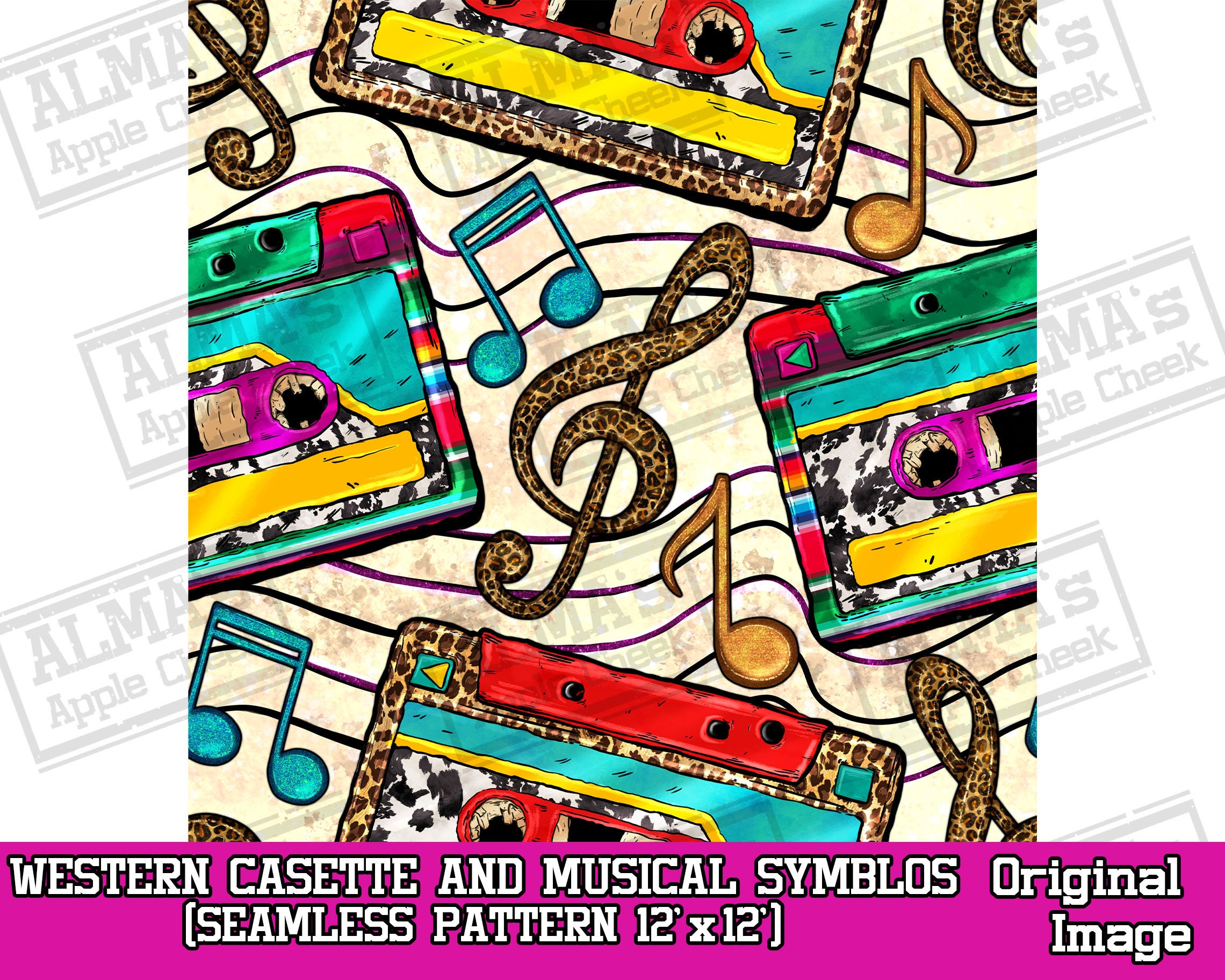 Western Casette and Musical Symbols Seamless Pattern Digital Paper ...