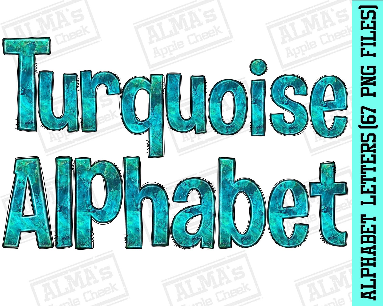 Turquoise Alphabet Thumbnail Png Files Bundle, Turquoise Doodle Letters ...