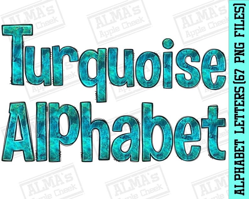 Turquoise Alphabet Thumbnail Png Files Bundle, Turquoise Doodle Letters ...