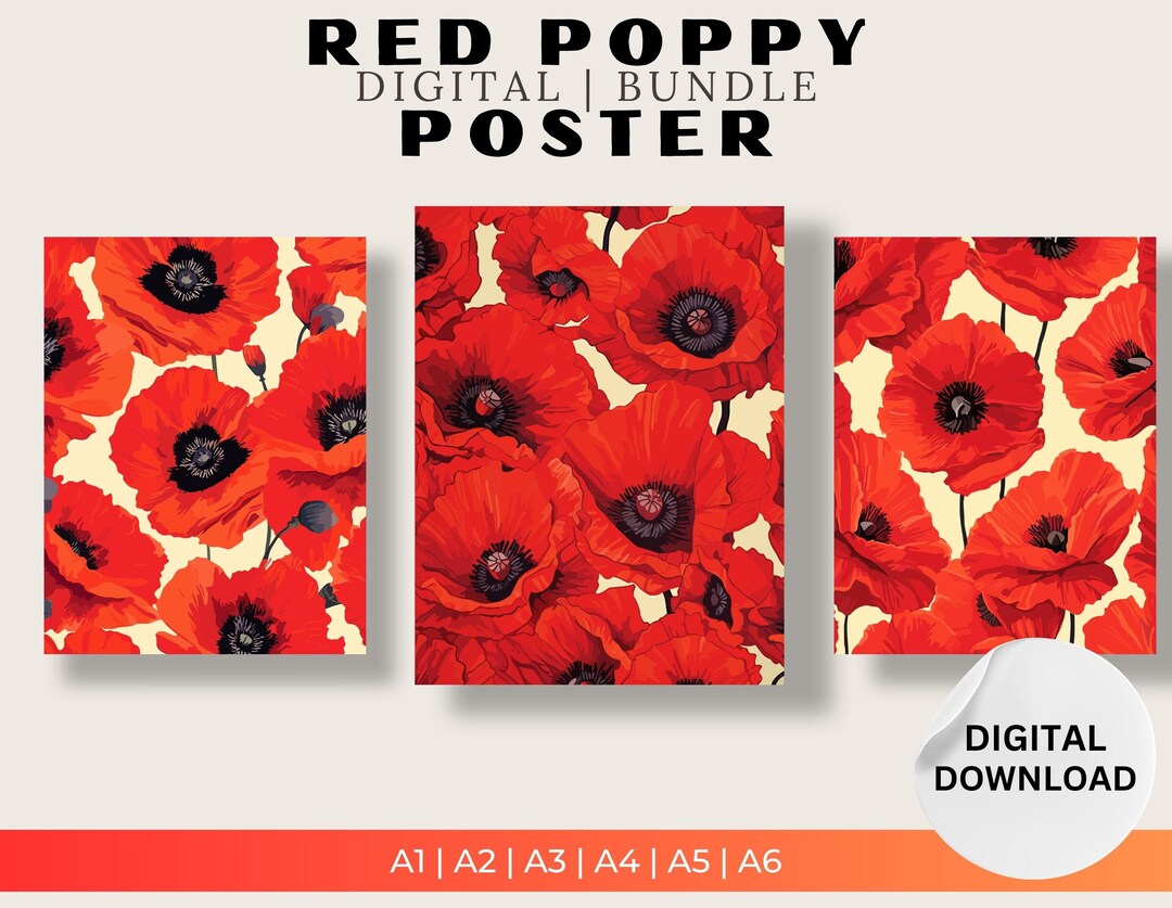 RED POPPY POSTER Art Digital Poster Set Bundle | Red Aesthetic Decor ...