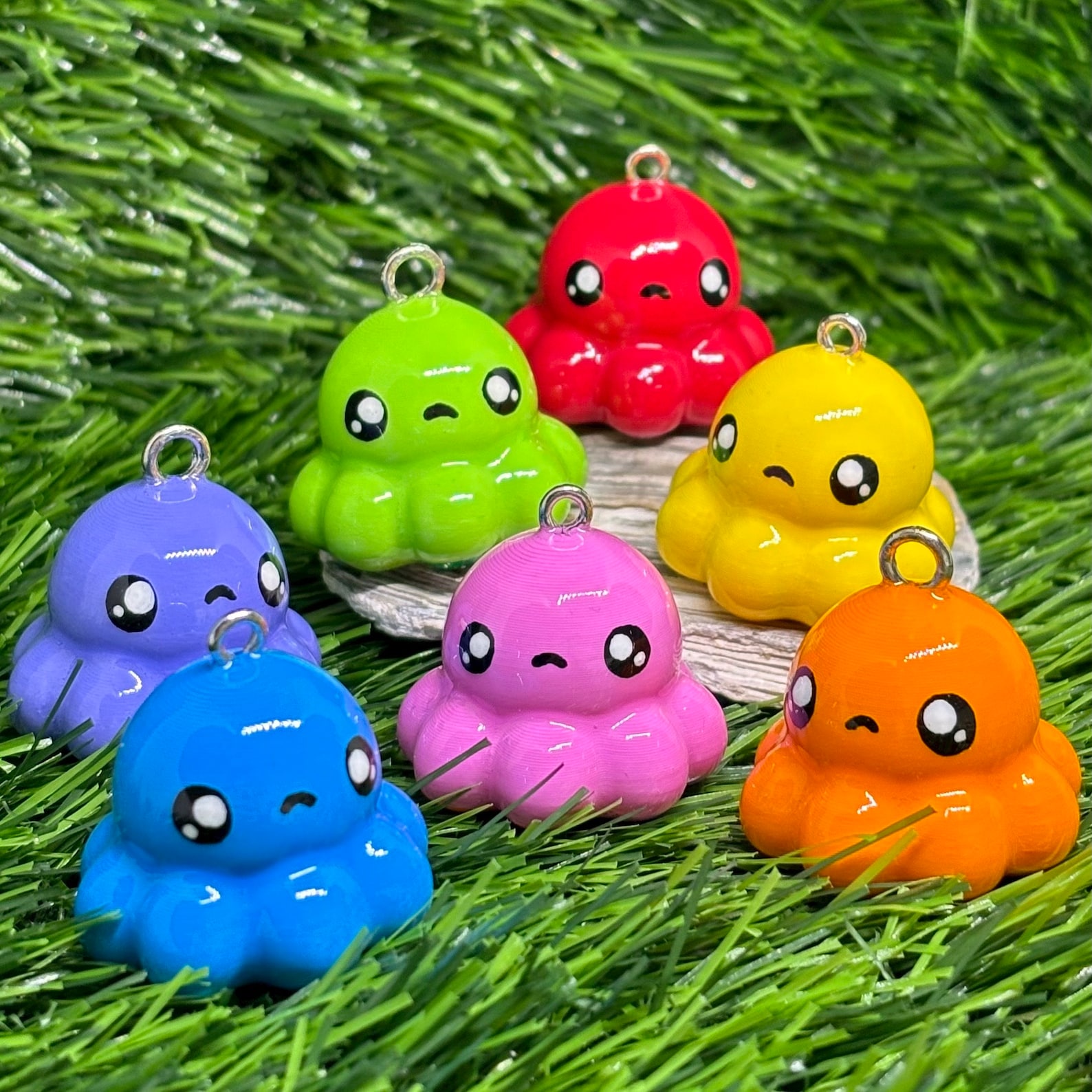 Hand Painted Sad Reversible Octopus Keyring, Single, Sparkly, Red ...