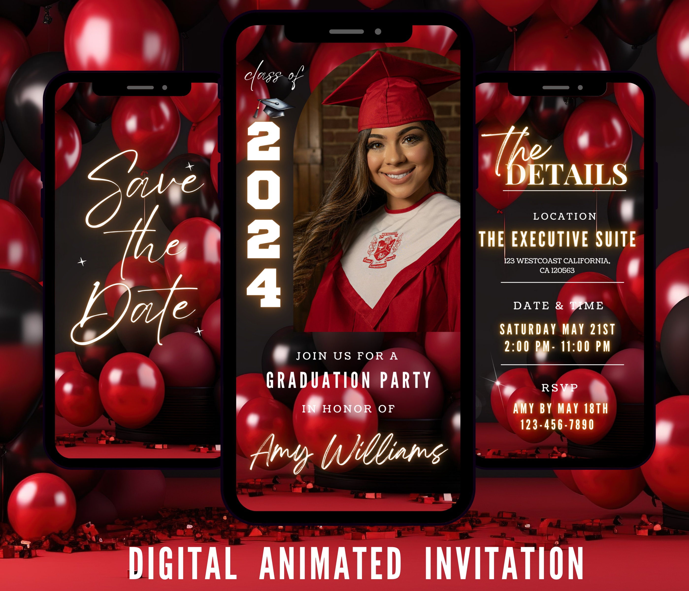 Red Graduation Invitation, Class of 2024, Editable Graduation Template ...