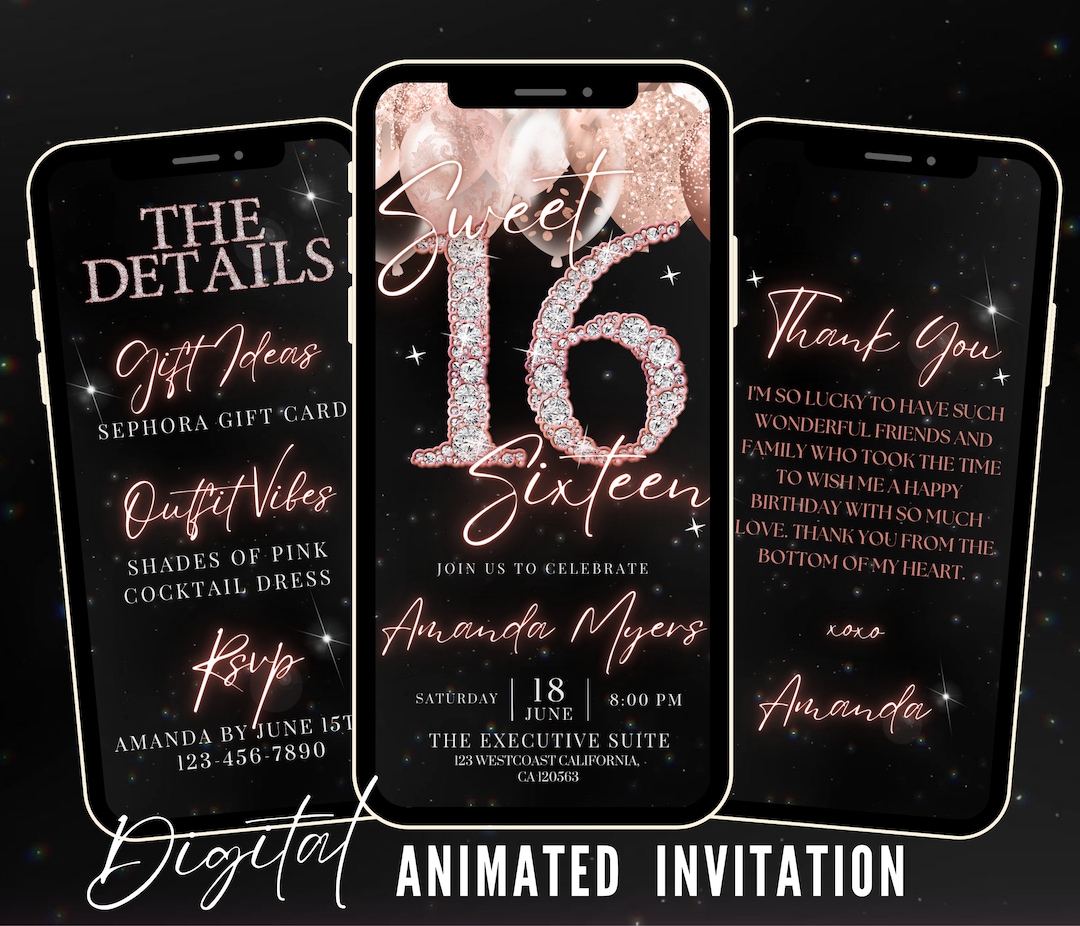 Sweet 16 Sixteen Birthday Invitation, Animated 16th Party Invite, Blush ...