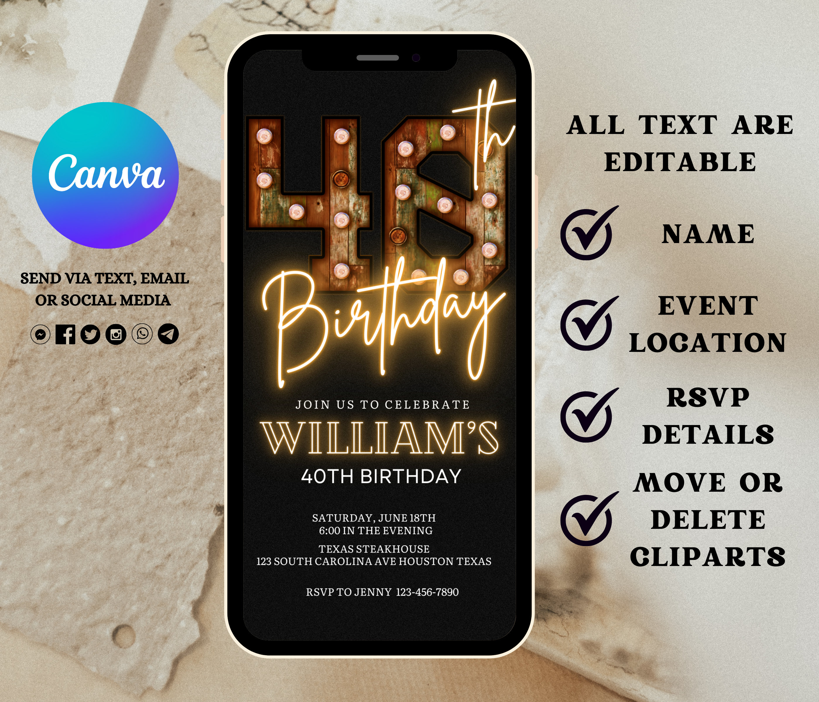 Rustic Marquee 40th Birthday Invitation for Men (digital Template) - Etsy