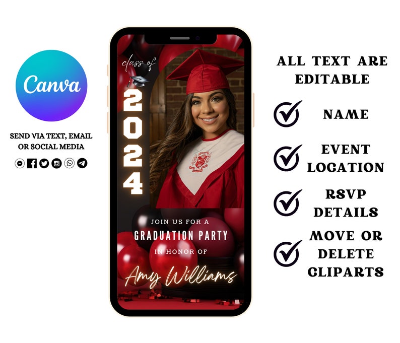 Red Graduation Invitation, Class of 2026, Editable Graduation Template ...
