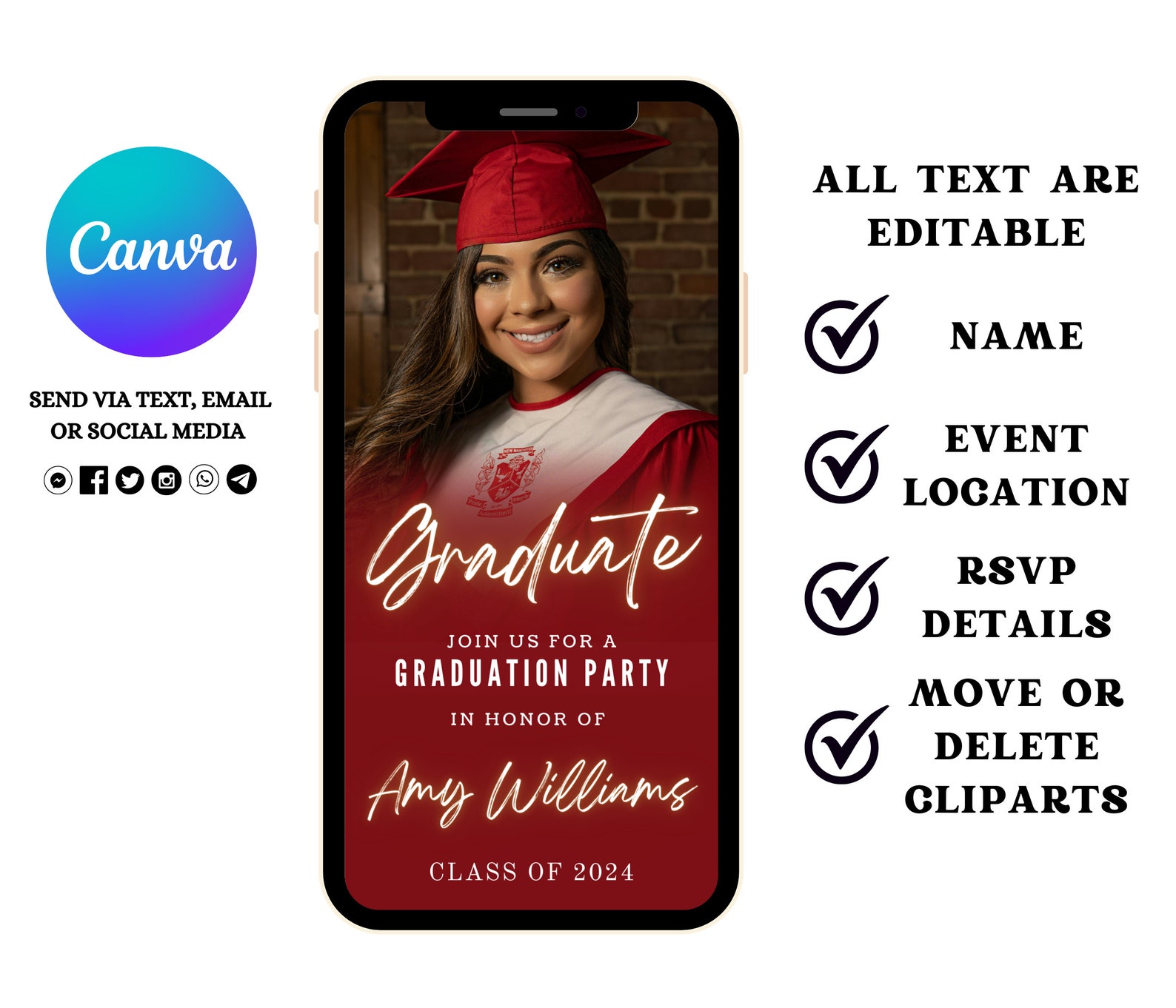 2024 Graduation Invitation, Maroon Color Graduation Invite, Save the ...