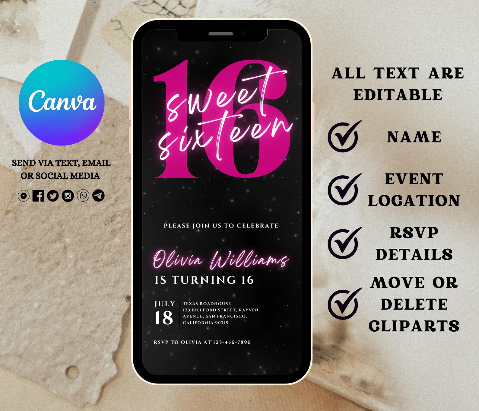 Animated Sweet 16 Invitation: Pink Balloons, Editable Evite (digital ...