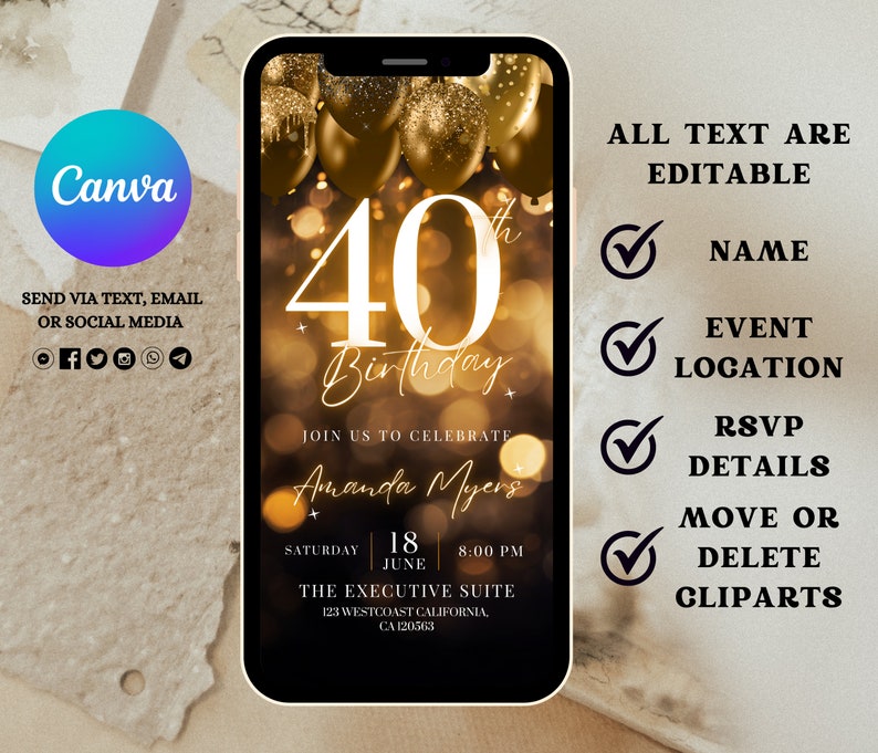 Forty Birthday Invitation, 40th Birthday Invite, Fortieth E-invite ...