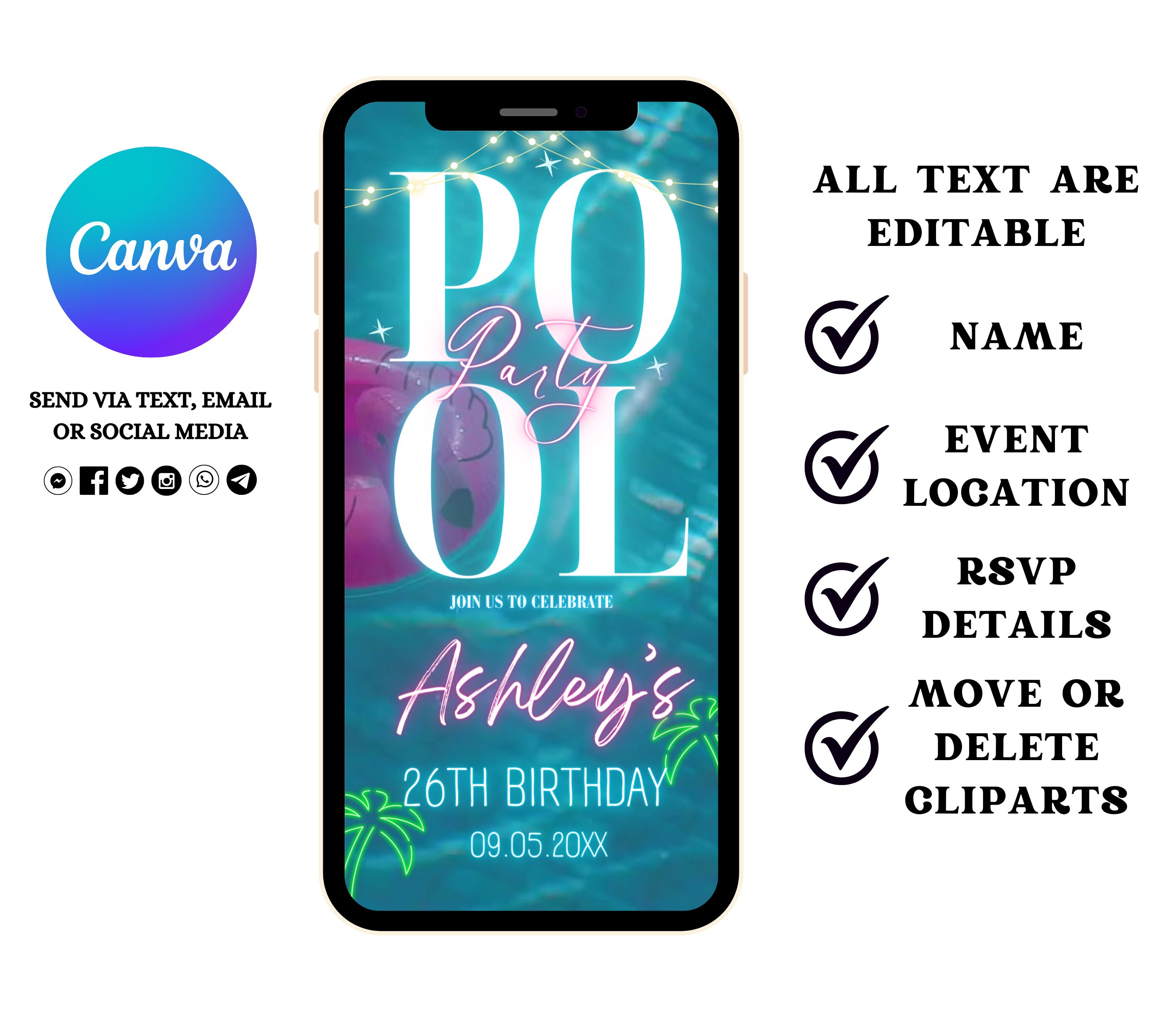 Blue Pool Party Birthday Invitation Video. Neon Beach Theme Tropical ...