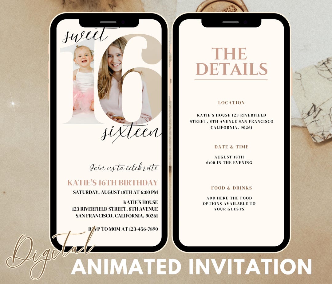 Sweet 16 Sixteen Birthday Invitation, Animated 16th Party Invite, 15th ...