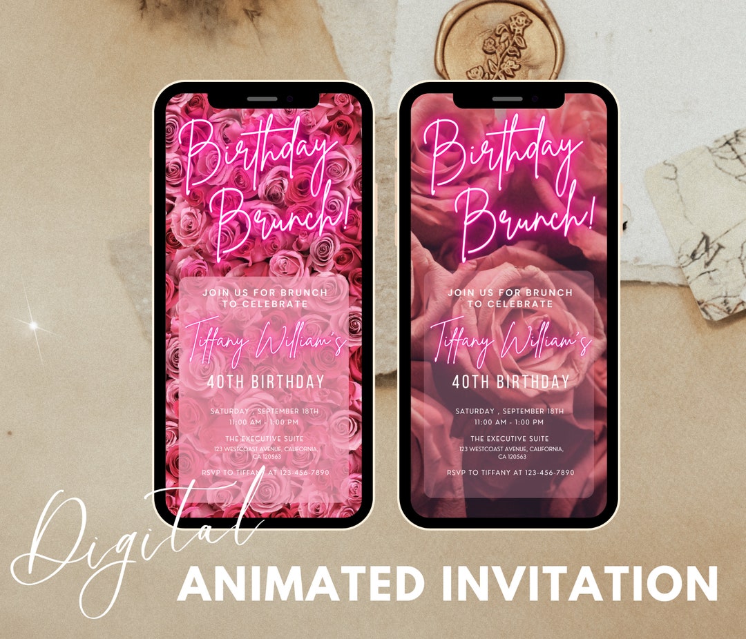 Digital Neon Pink Floral Birthday Brunch Invitation for Women, Birthday ...