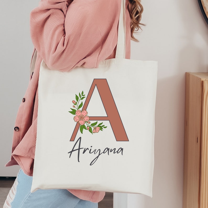 Personalized Initial Tote Bag – Floral Bridesmaid Gift, Cotton Fabric ...