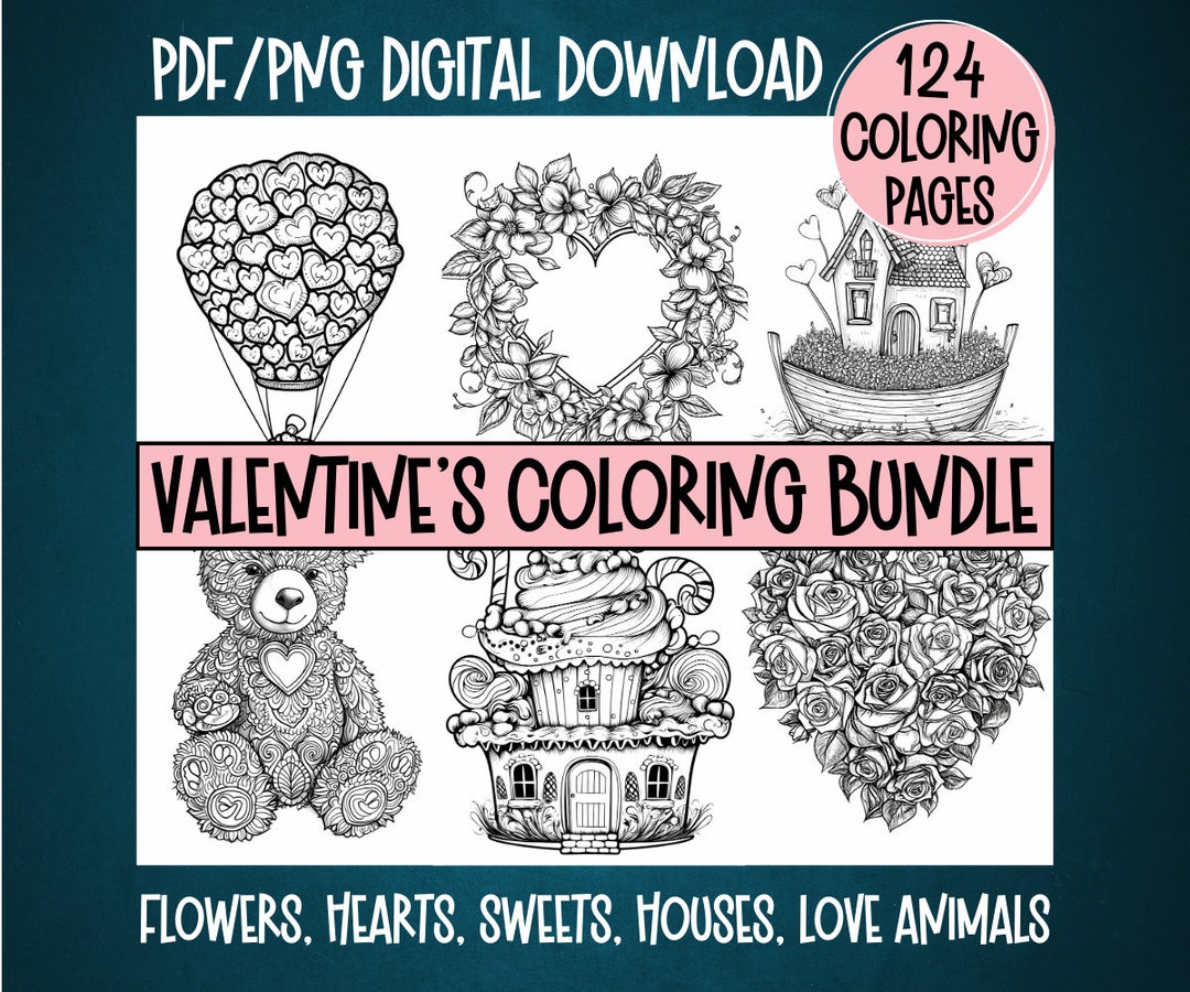 Valentine's Day Coloring Book Pages Bundle of Animals, Sweets, Heart ...