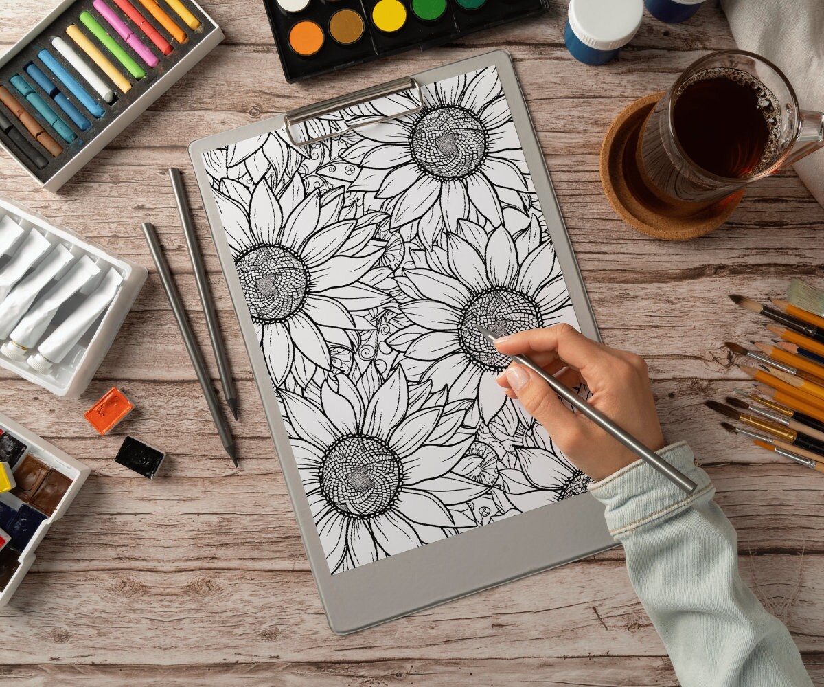 Sunflower Grayscale Floral Coloring Book Pages - Etsy