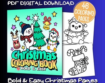 46 Bold & Easy Cute Christmas Coloring Book Pages, Winter Xmas Scenes ...