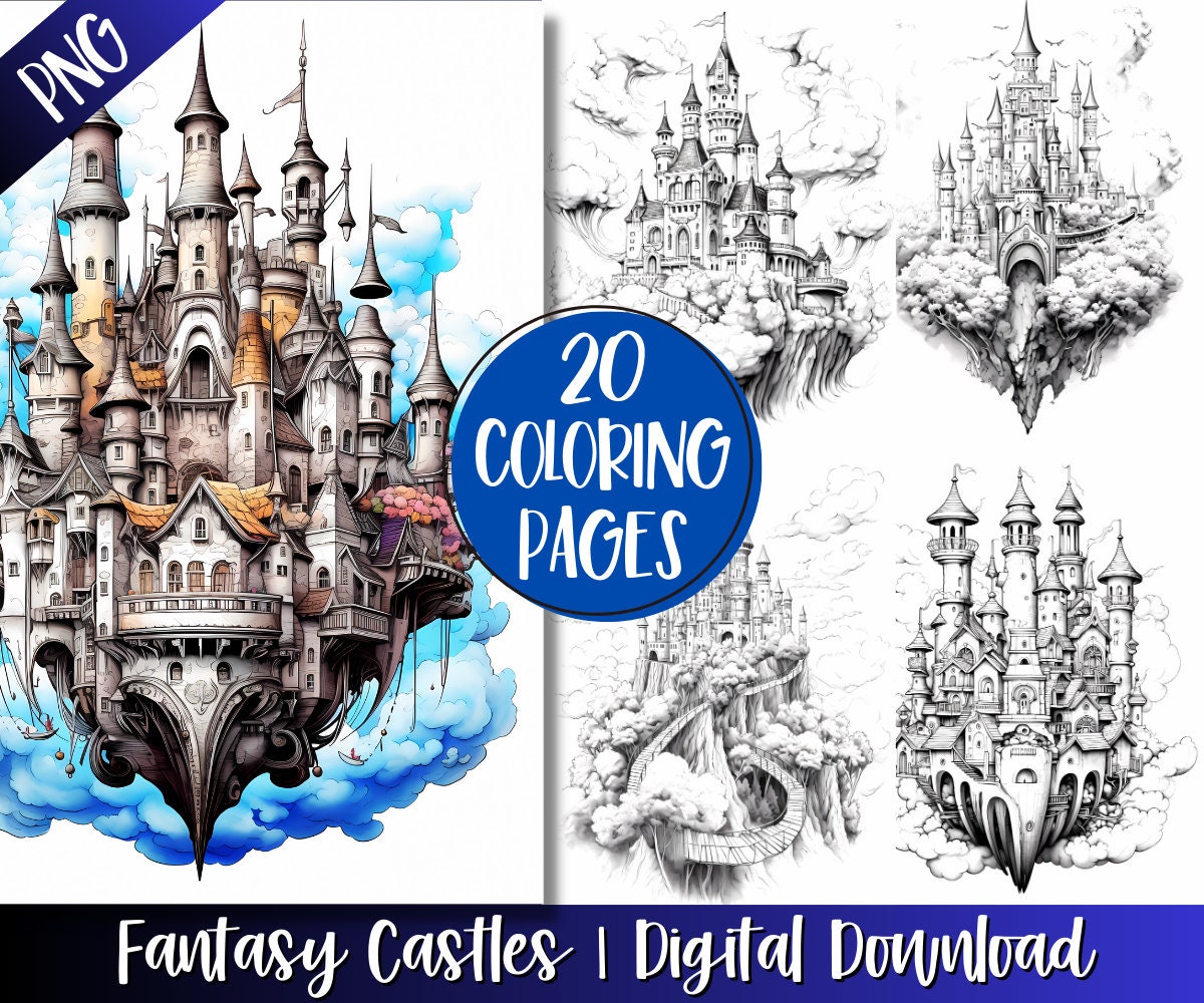 Fantasy Castles Coloring Book Pages for Adults, Kids, Grayscale ...