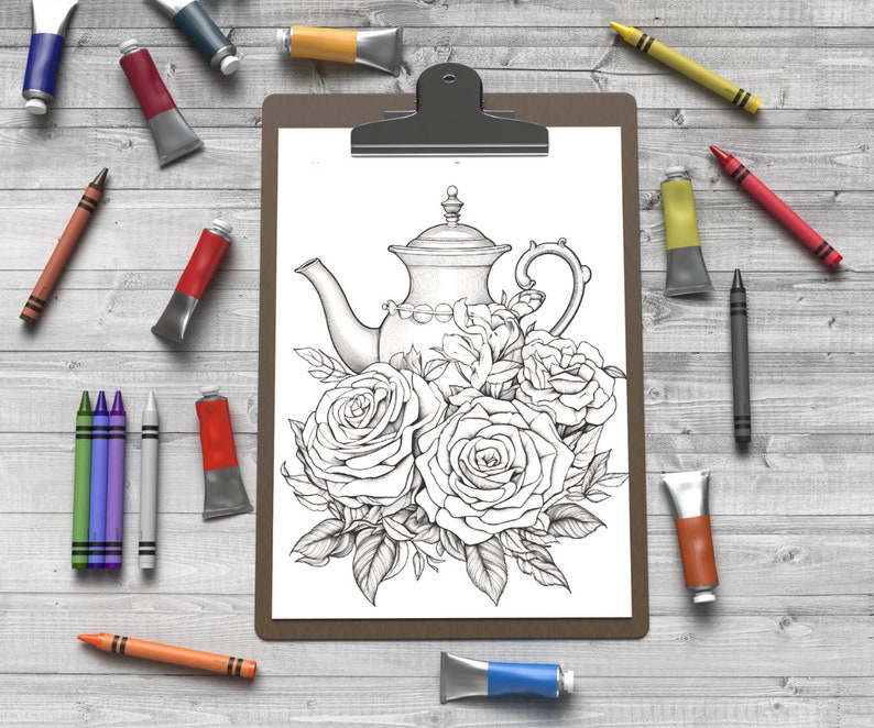 Blooming Floral Teapots, Teacups Coloring Book Pages for Adults ...