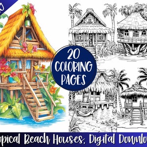 Printable Adult, Kids Coloring Book Pages, Tropical Beach Houses ...