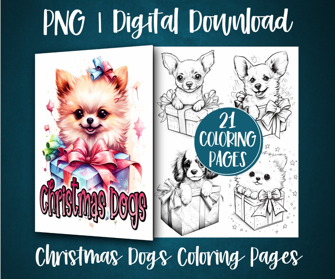 Christmas Dogs Coloring Book Pages for Adults, Kids, Grayscale Puppy ...