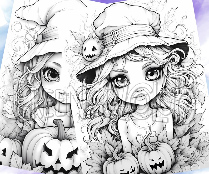Kawaii Halloween Pumpkin Girls Coloring Book Pages for Teens, Kids ...