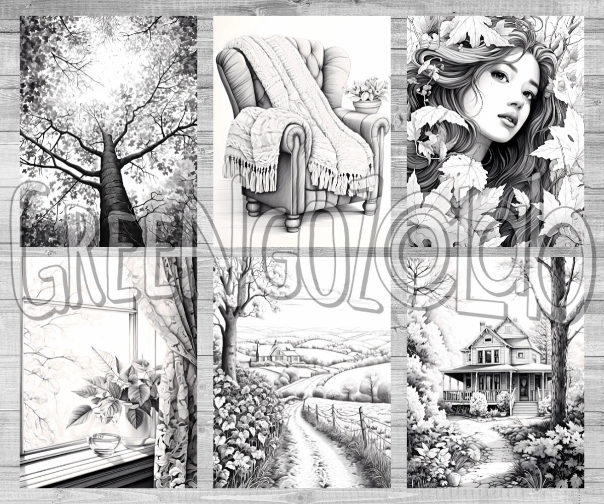 Autumn Scenes Coloring Book Pages for Adults, Charming Fall Grayscale ...