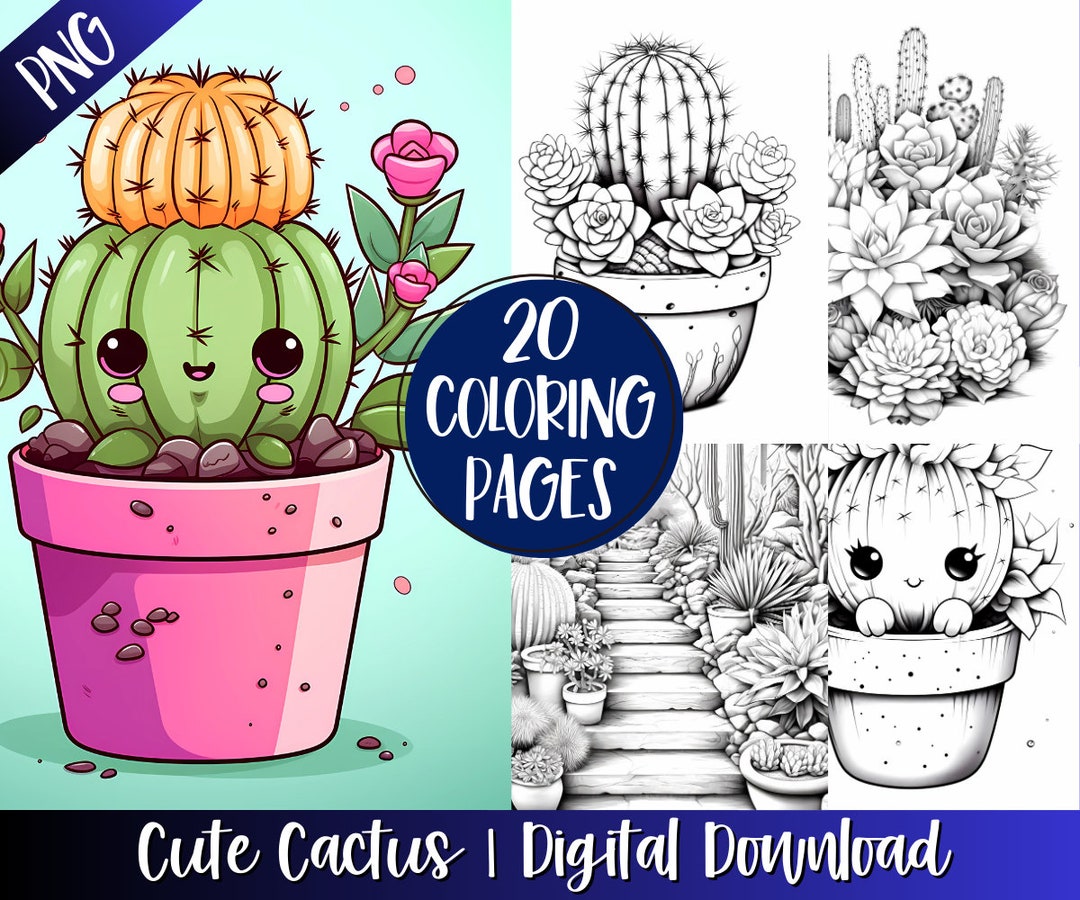 Cute Cactus in Pot Coloring Book Pages for Adults & Teens, Succulents ...