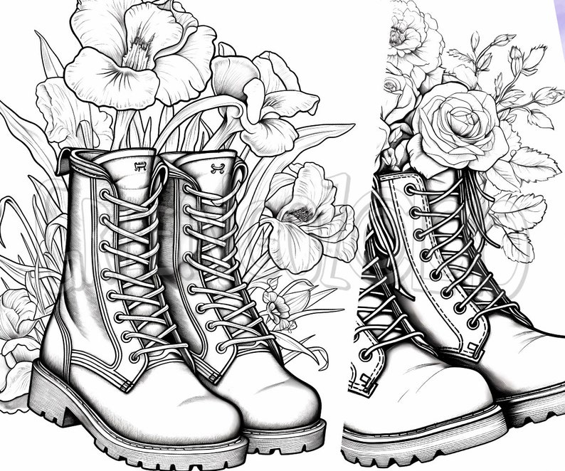 Floral Boots Coloring Book Pages, Grayscale Printable Art - Etsy UK