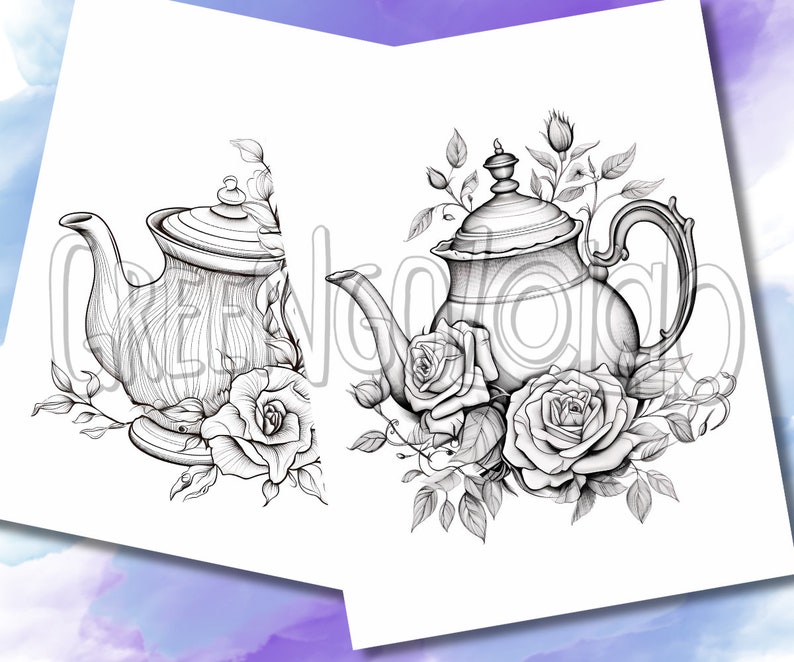 Blooming Floral Teapots, Teacups Coloring Book Pages for Adults ...