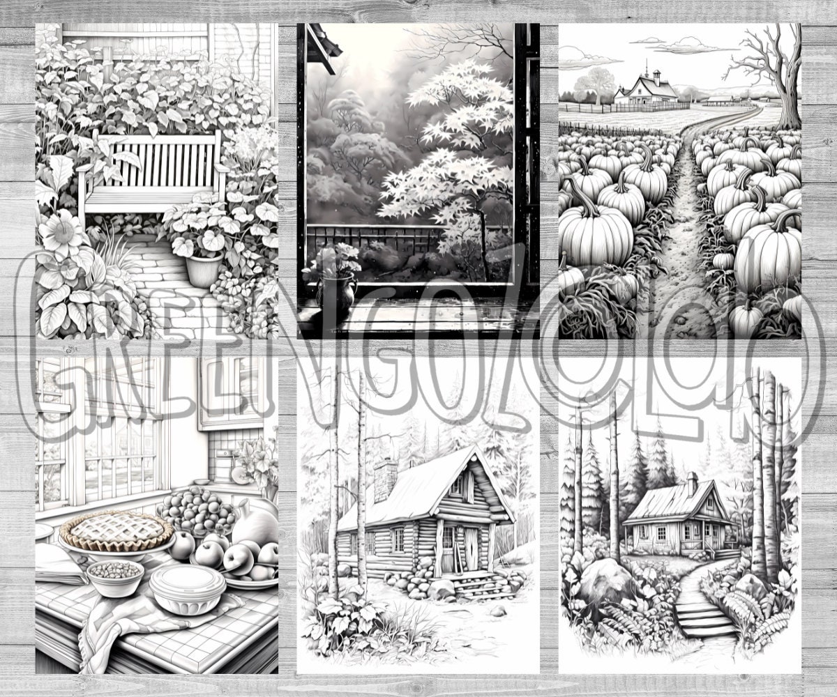 Autumn Scenes Coloring Book Pages for Adults, Charming Fall Grayscale ...