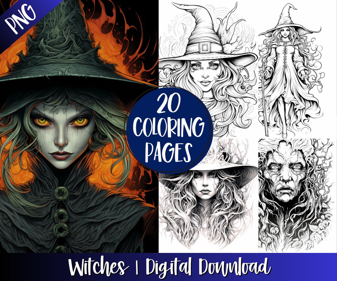 Witch Coloring Book Pages, Grayscale Fantasy Witches (digital Download ...
