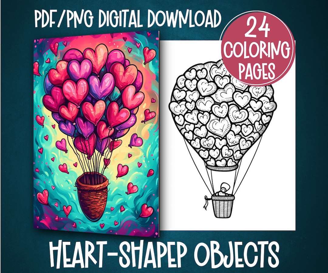 Heart-shaped Valentine's Day Coloring Book Pages, PDF, PNG Grayscale ...
