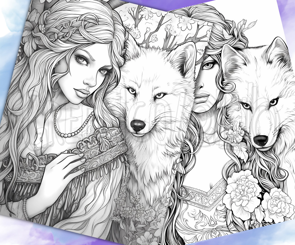 Fairies & Wolves Coloring Book Pages for Adults, Forest Fairy Grayscale ...