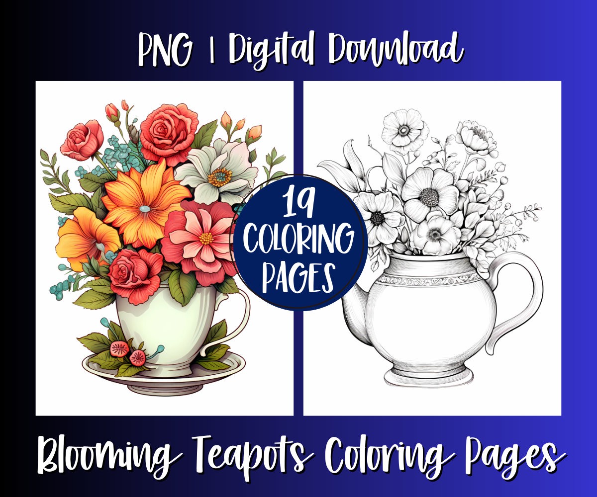 Blooming Floral Teapots, Teacups Coloring Book Pages for Adults ...